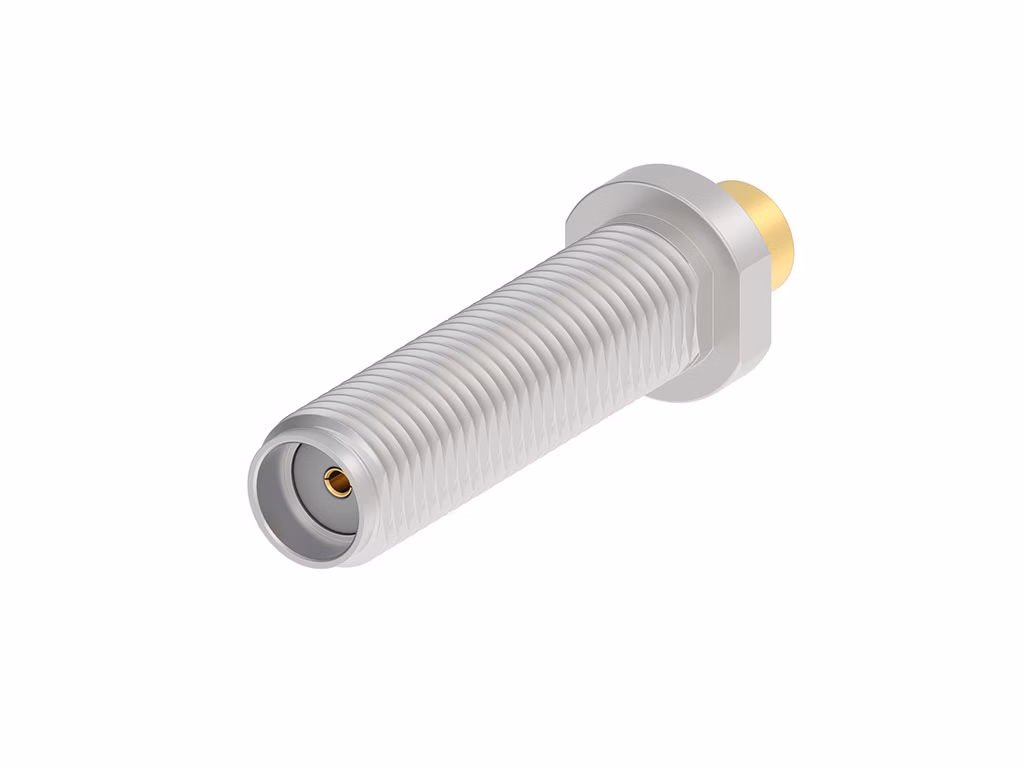 SMA Jack, Reverse Polarity, Right-Angle, Bulkhead Receptacle, PCB, Through Hole, Brass Body, Nickel (Ni) Plated, Jam Nut and Lockwasher Not Included, 2.79mm Leg Length 50 Ohms