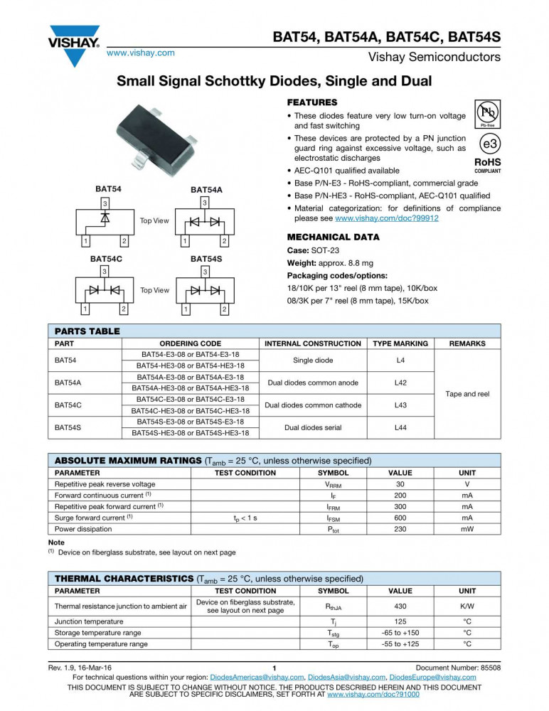 BAT54C-E3-08 datasheet page 1