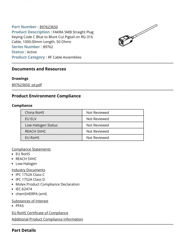 Molex 897623650 product drawing, page 1