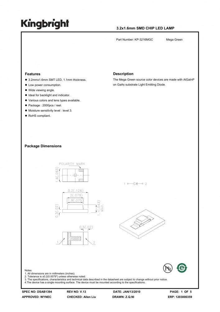KP-3216MGC datasheet page 1