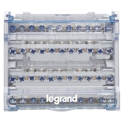 Modular distribution block with staggered bars 100 A - 11 connections per busbar - 6 modules for sale