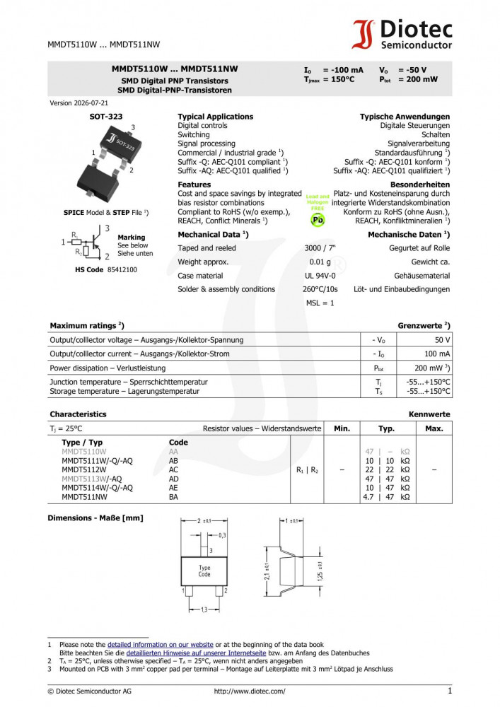 MMDT5111W datasheet page 1