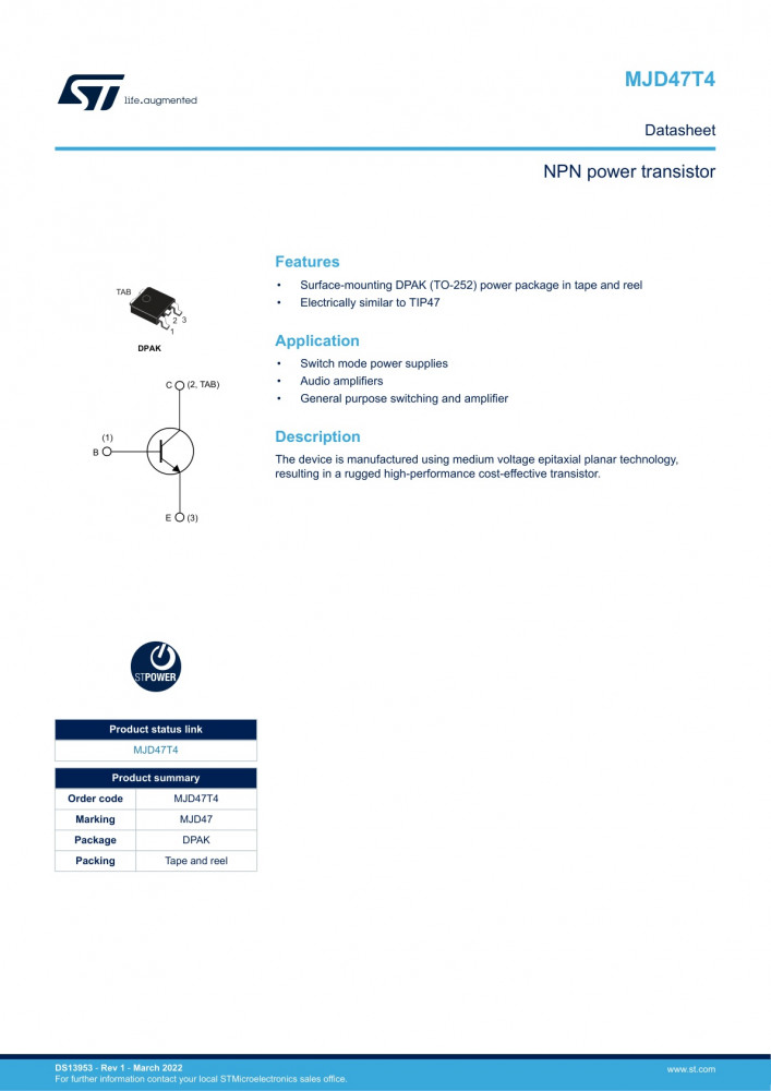 MJD47T4 datasheet page 1