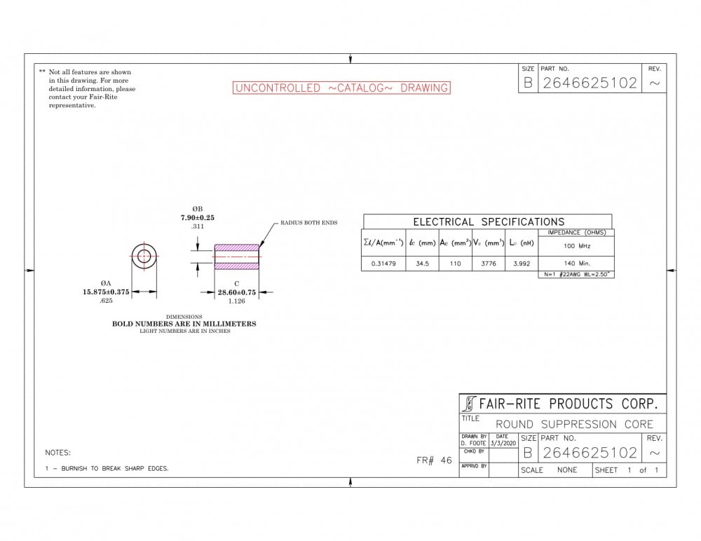 Fair-Rite 2646625102 technical document preview