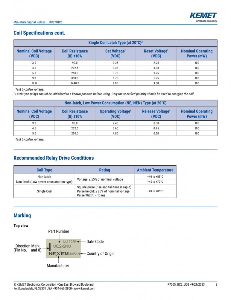 KEMET UD2 relay datasheet page 8