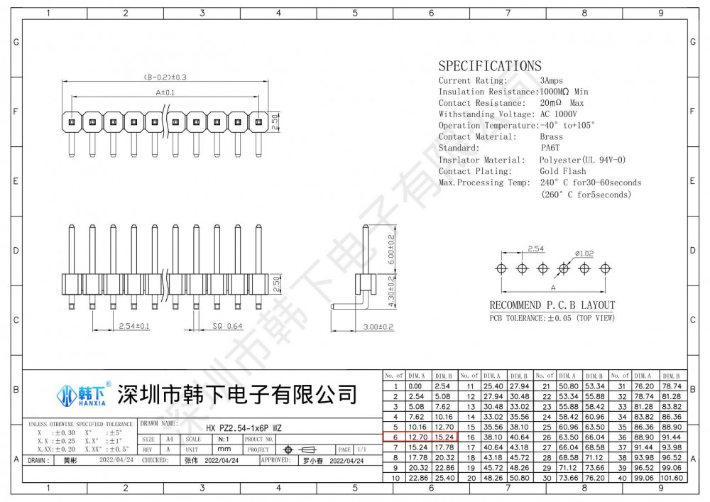 HX PZ2.54-1x6P WZ technical drawing and specifications