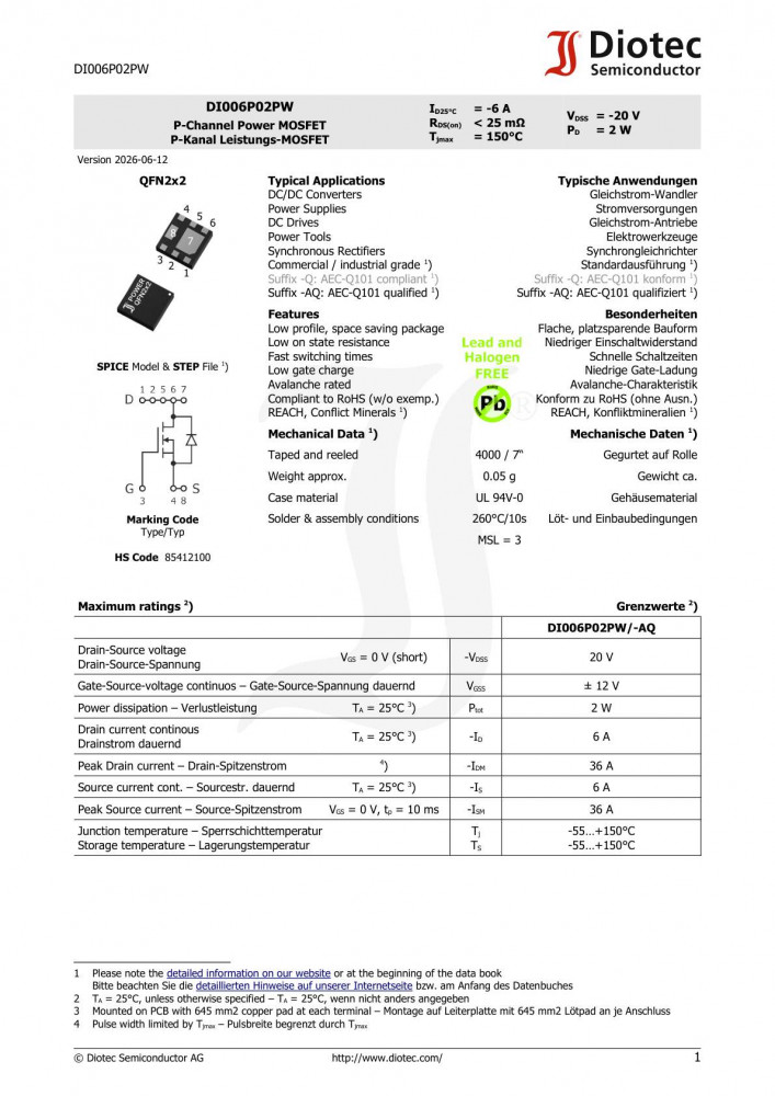 DIOTEC DI006P02PW datasheet page 1