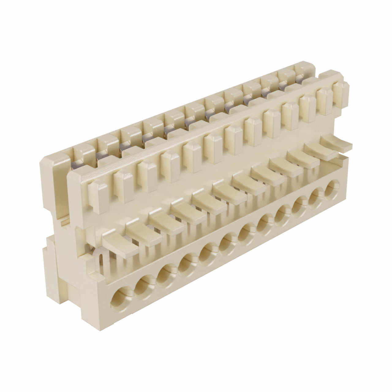 Appli-Mate RAST 2.5 Connector, 2.50mm Pitch, Female, 14 Circuits, Polarizing Rib Between 1/2, Locking Pips, Slotted Endwalls, Brown Color Stripe, Gold Plating