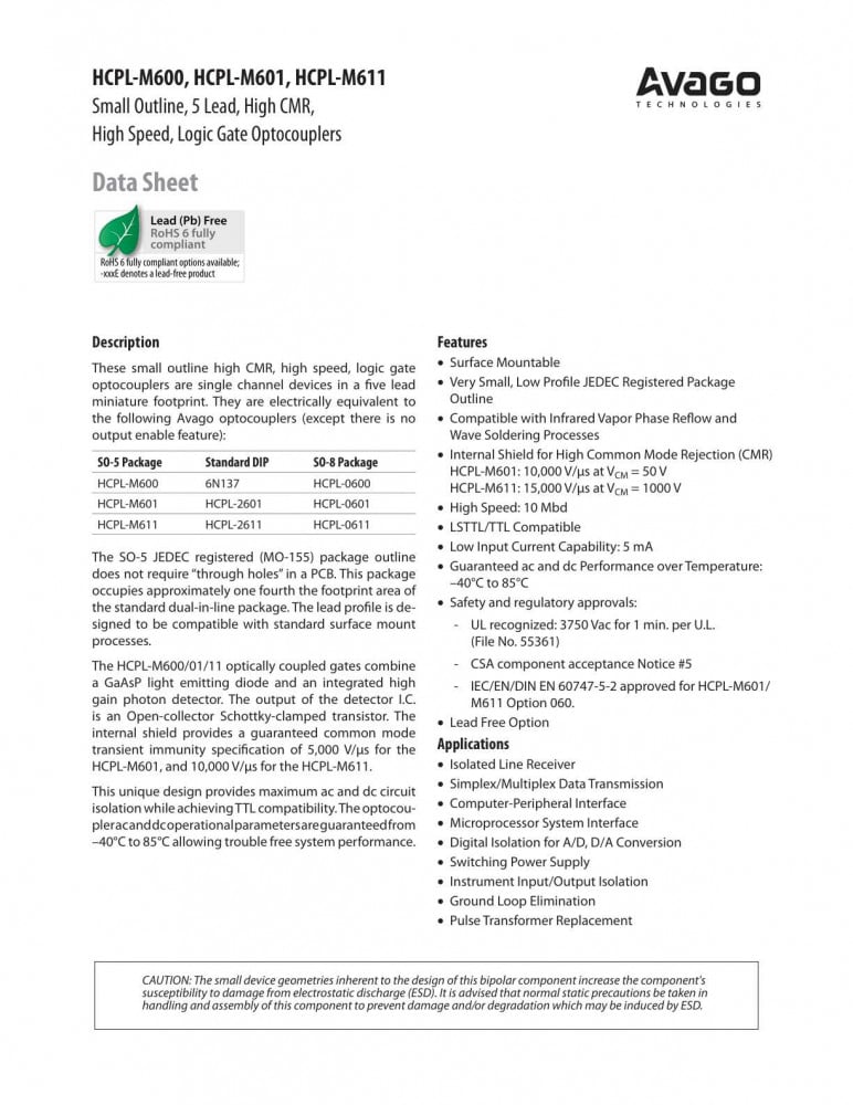HCPL-M611-500E datasheet page 1