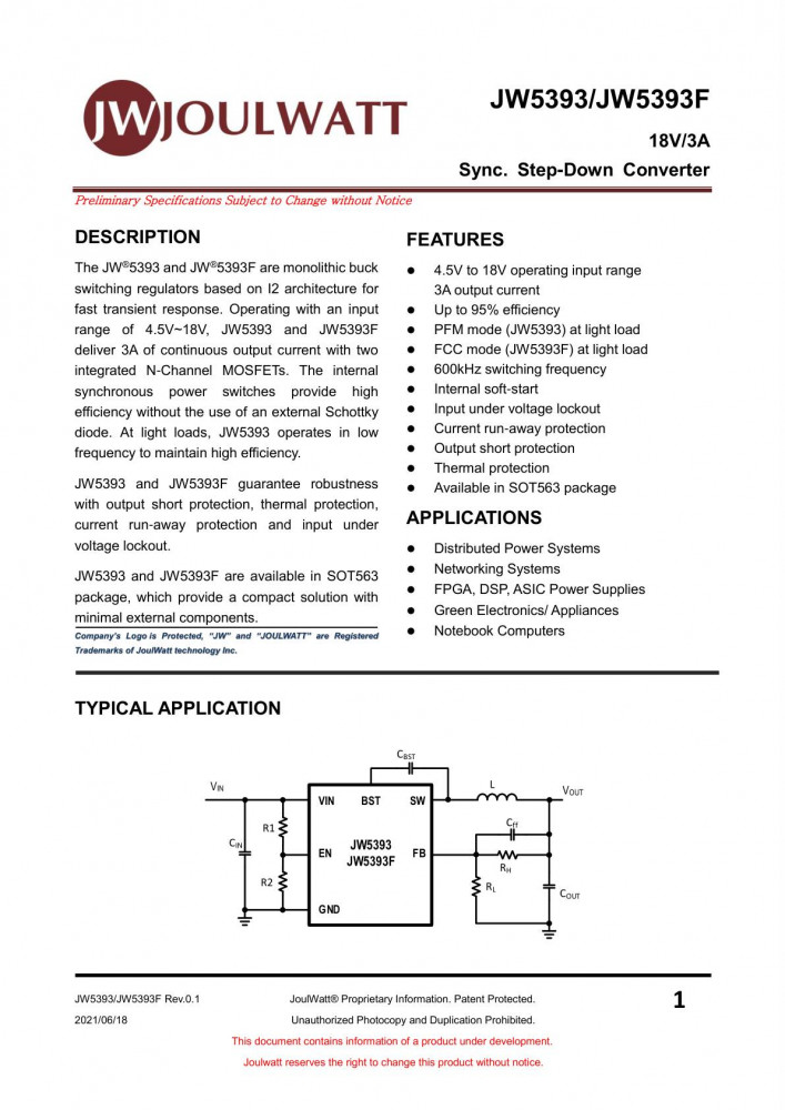 JW5393F datasheet page 1