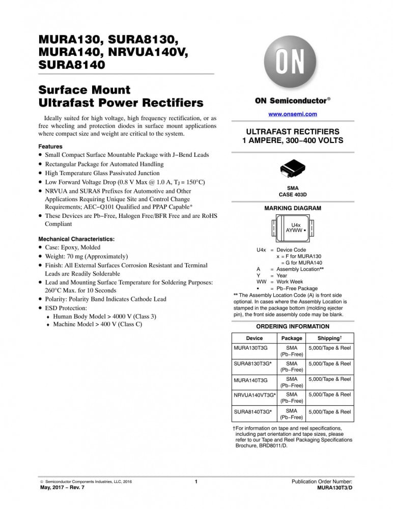 MURA140T3G datasheet page 1