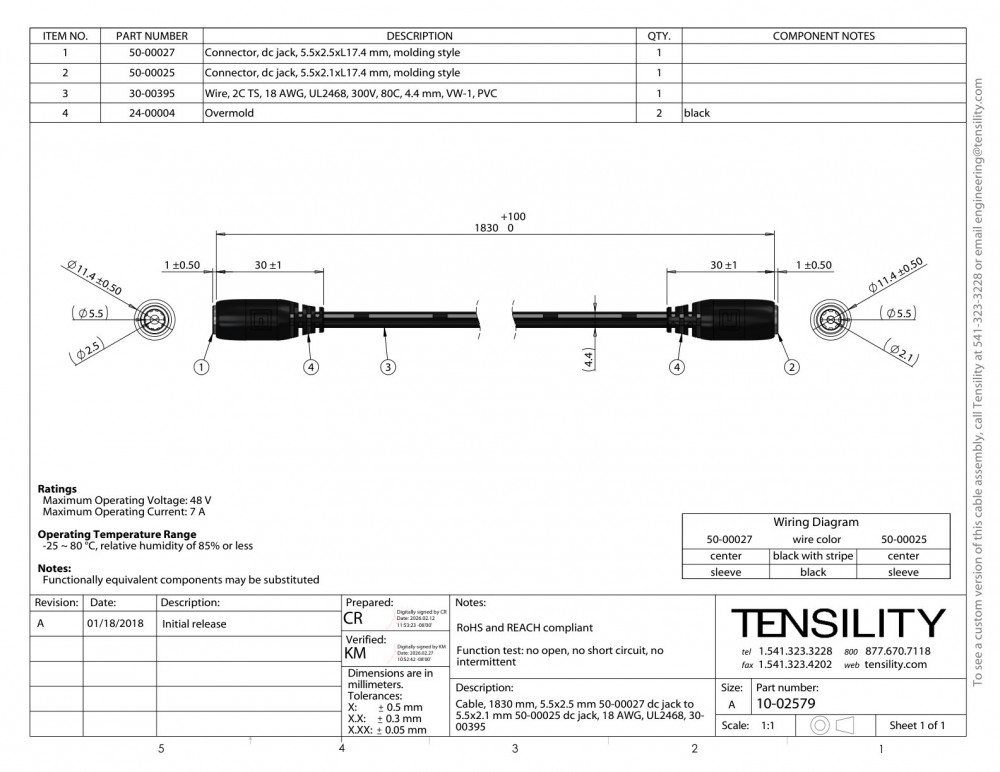 Tensility International 10-02579 cable assembly drawing