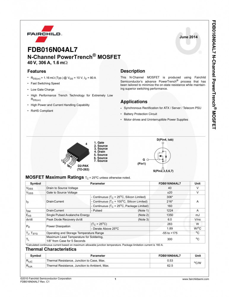 FDB016N04AL7 datasheet page 2