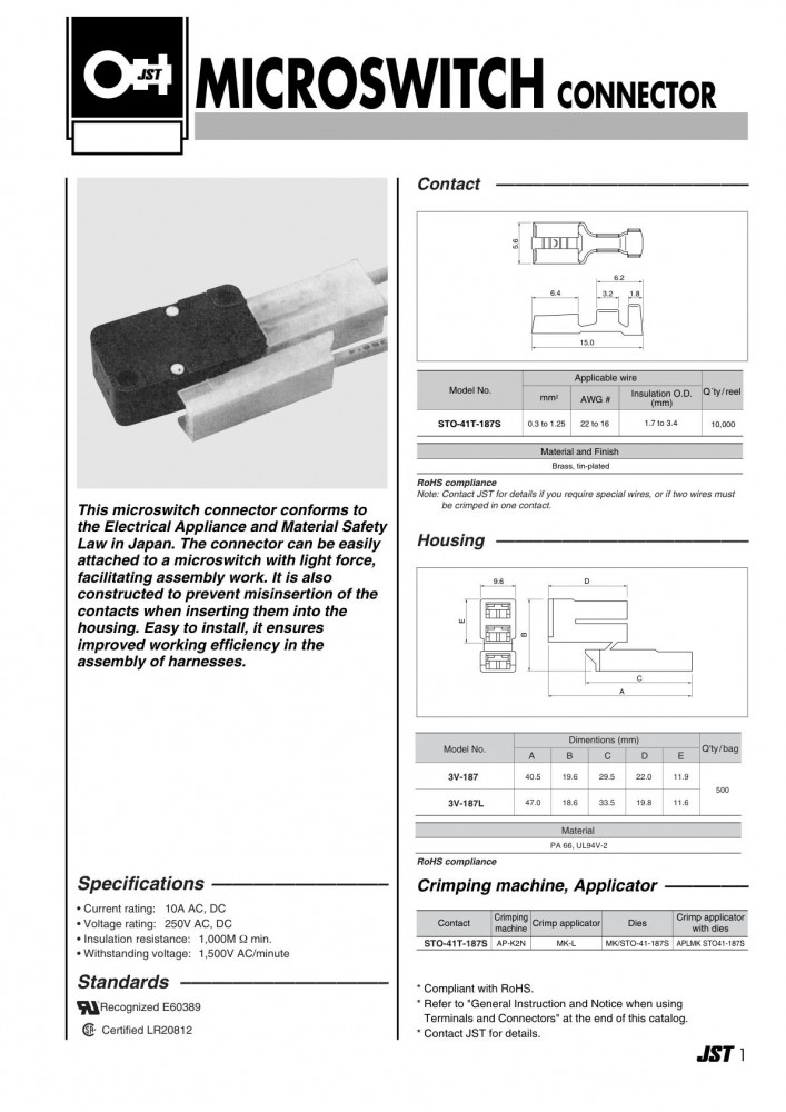 JST 3V-187 microswitch connector datasheet page
