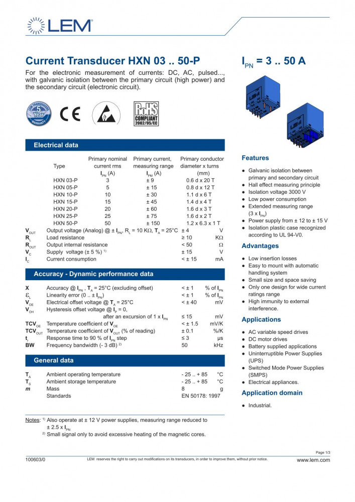 LEM HXN current transducer datasheet page 1