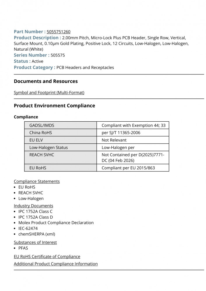 Technical document page 1 for Molex 5055751260