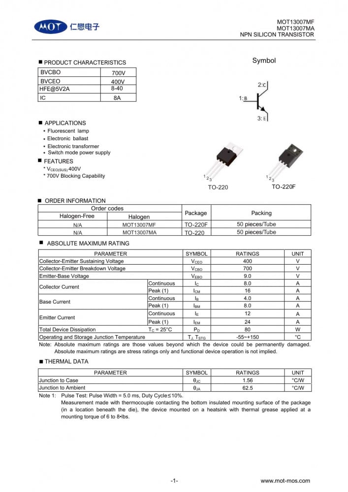 MBR13007MF datasheet page 1