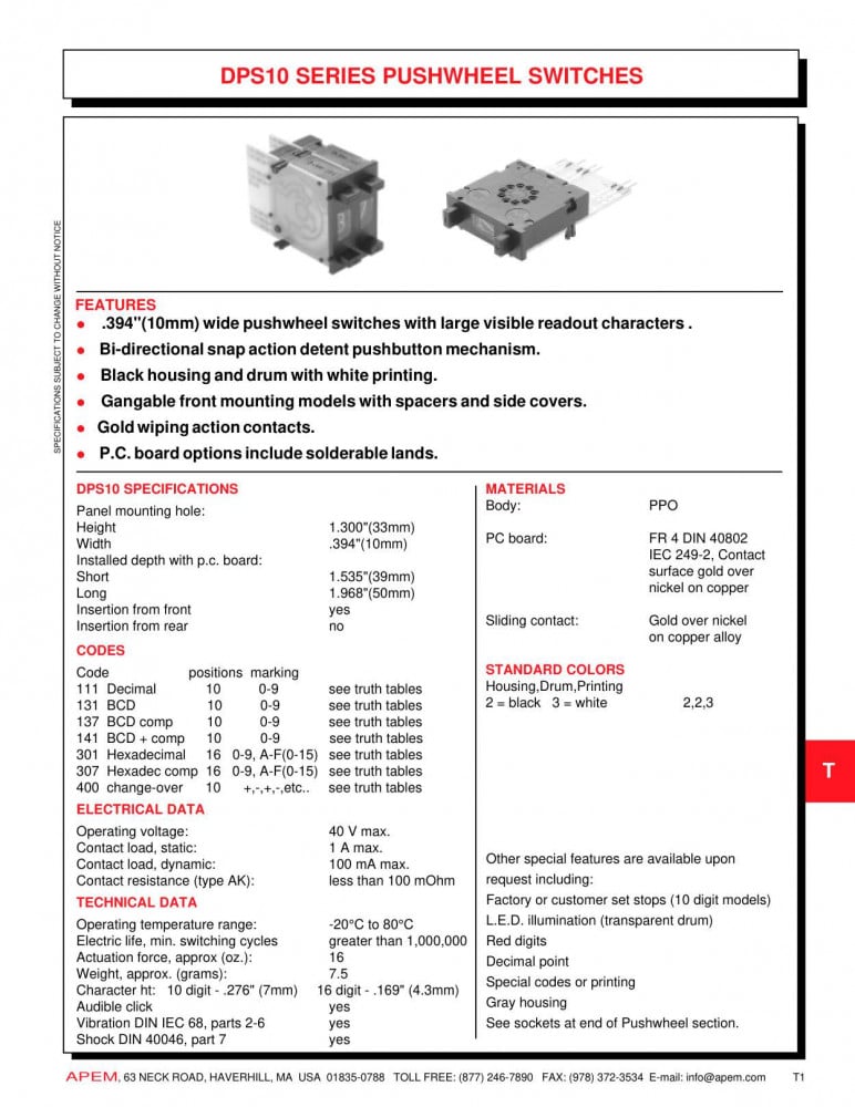 APEM DPS10 series documentation page 1
