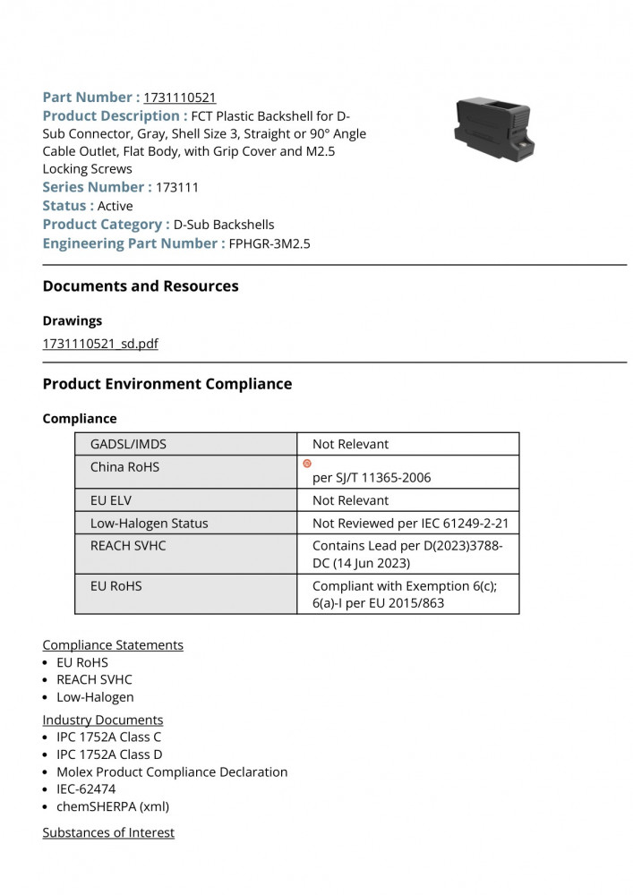 MOLEX 1731110521 product drawing, page 1