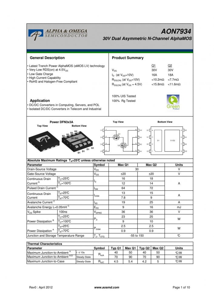 AON7934 datasheet page 1
