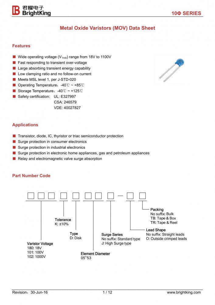 Brightking MOV datasheet page 1