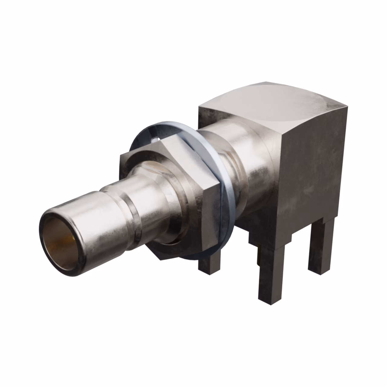 SMB Jack, Right-Angle, Bulkhead Receptacle, PCB, Through Hole, Brass Body, Nickel (Ni) Plated, Nut and Lockwasher Included, Tray, 50 Ohms for sale