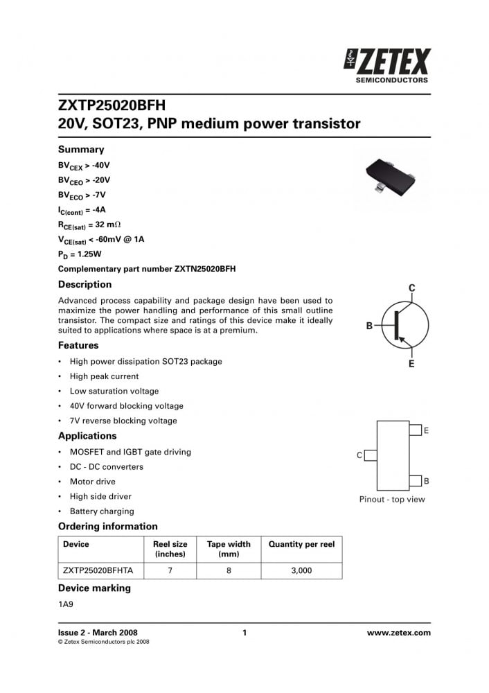 ZXTP25020BFH datasheet page 1