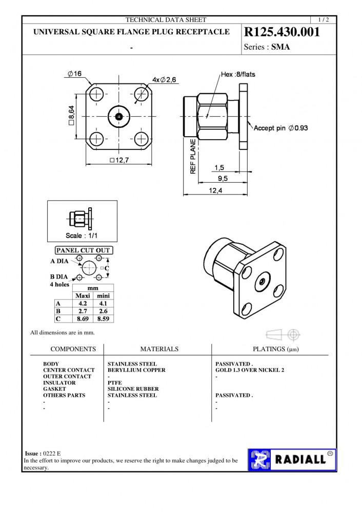 Radiall R125.430.001 datasheet page 1