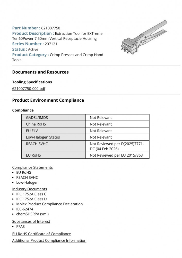 MOLEX 621007750 document image, page 1