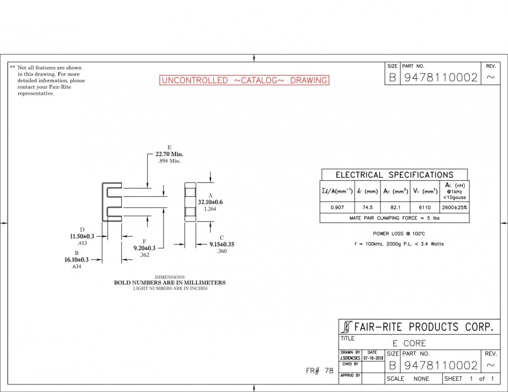Fair-Rite 9478110002 Title E Core drawing