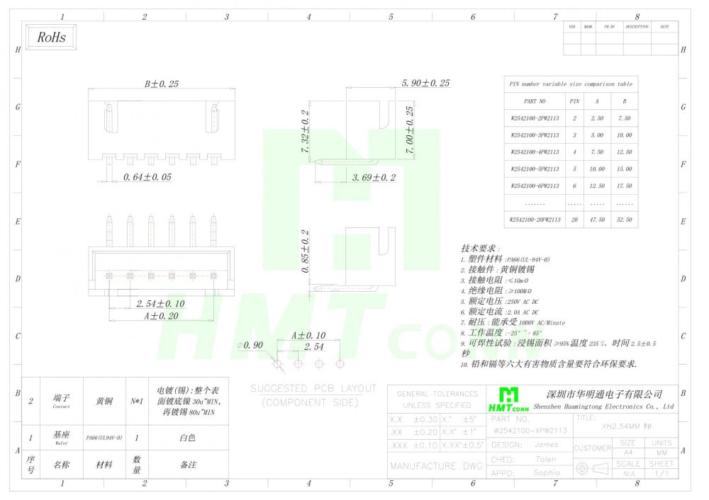 HMTCONN W2542100-13PW2113 technical drawing