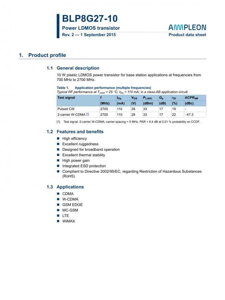 BLP8G27-10Z datasheet page 1
