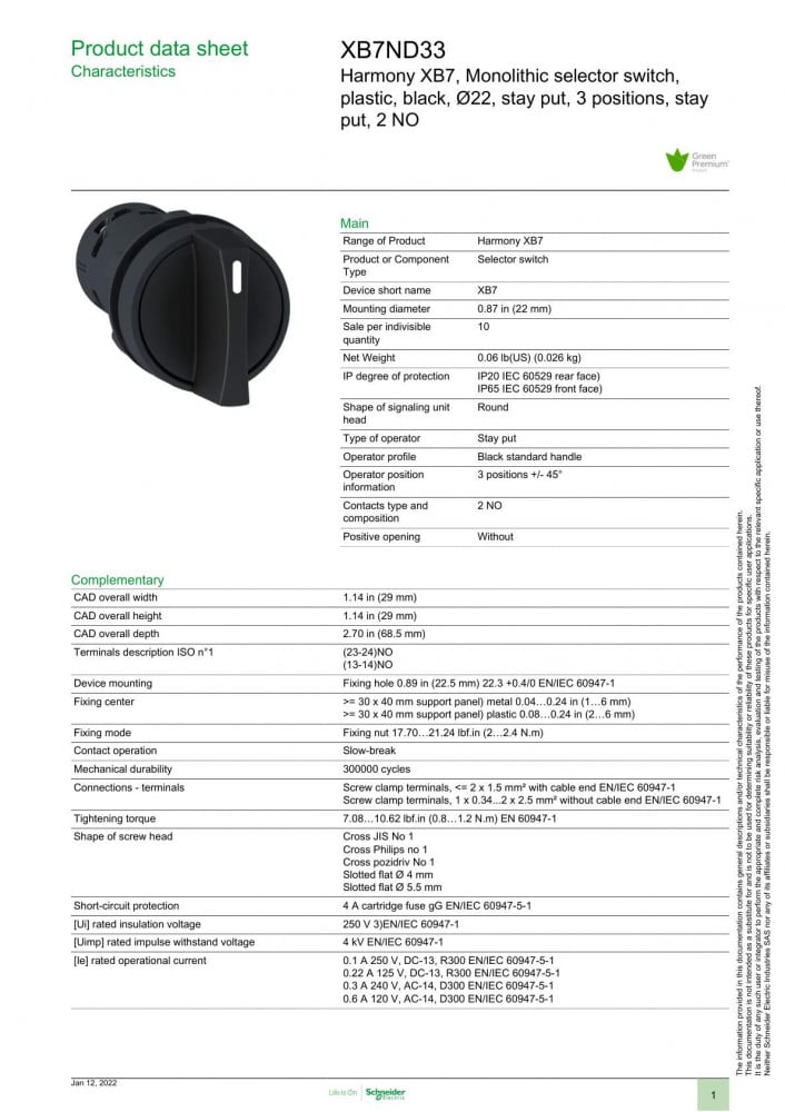 XB7ND33 technical document page 1