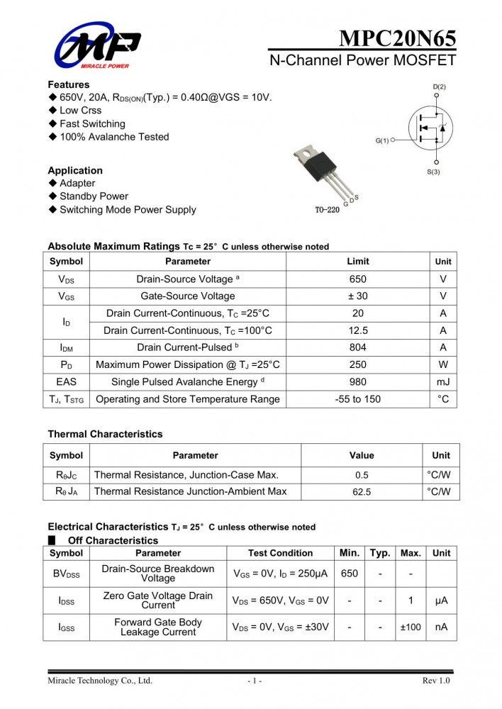 MPC20N65 datasheet page 1