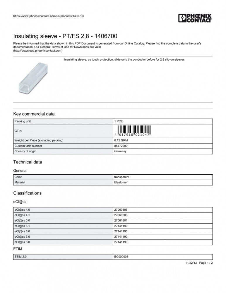 Phoenix Contact 1406700 technical document page 1