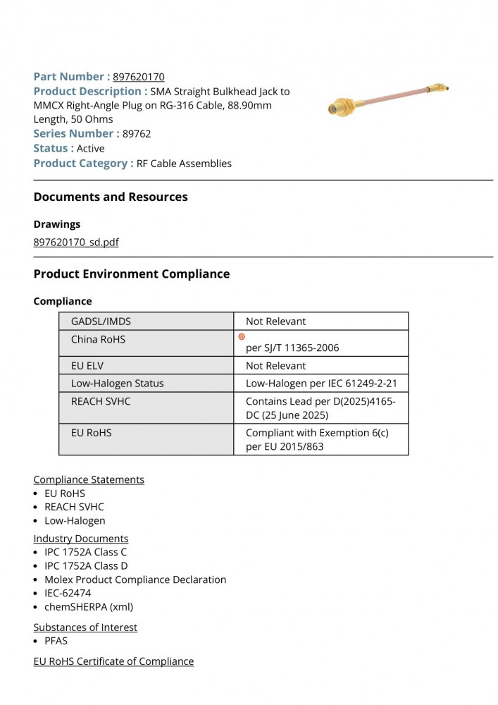 MOLEX 897620170 drawing page 1