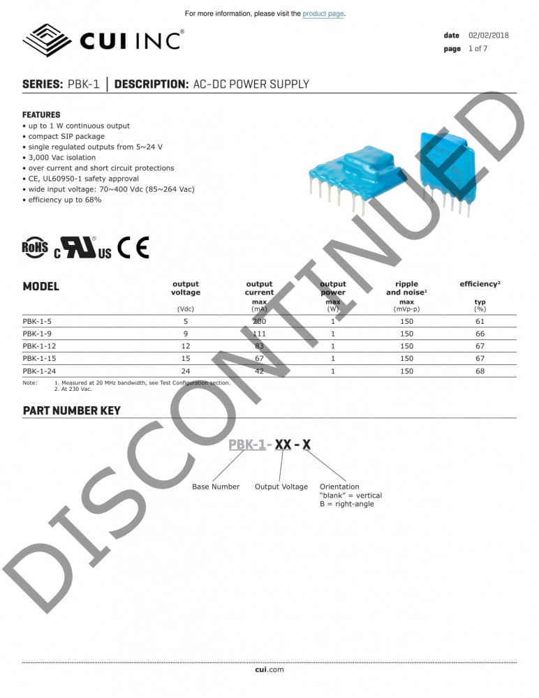 PBK-1 series datasheet page 1