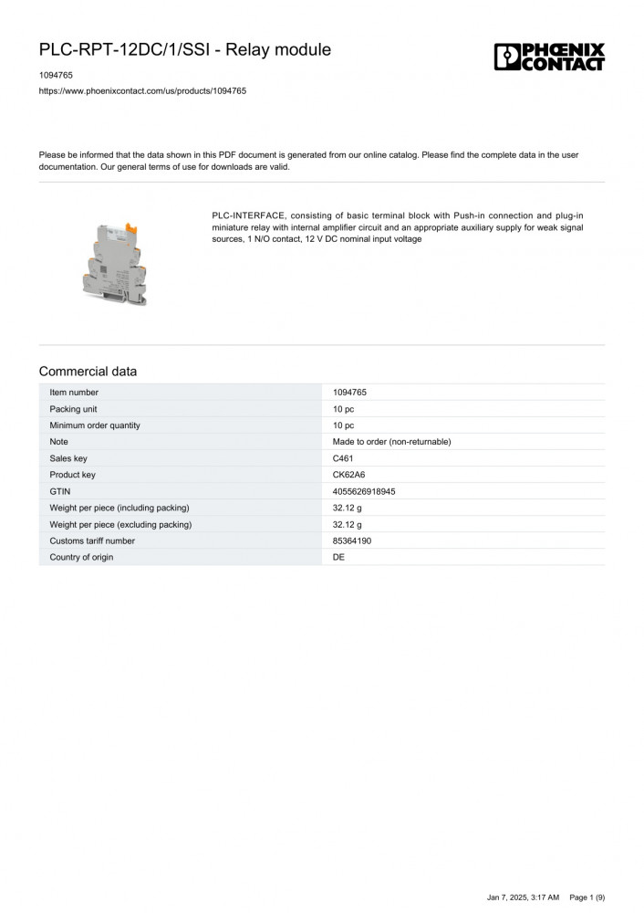 Phoenix Contact 1094765 technical document page 1