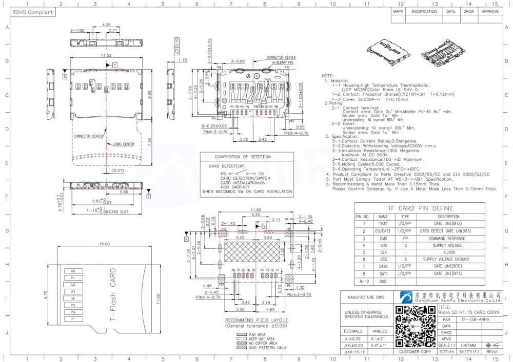 XUNPU TF-128-ARP9 technical drawing and specification page