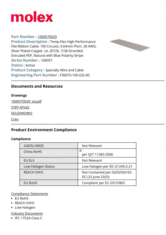 MOLEX cable technical document, page 1
