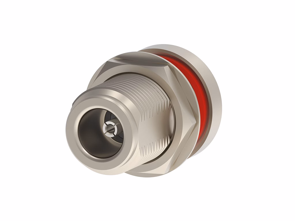 N Jack, Straight, Bulkhead, Crimp, RG-178, RG-196 Cable, Brass Body, Nickel (Ni) Plated, with Jam Nut and Lockwasher, IP68, Tray, 50 Ohms