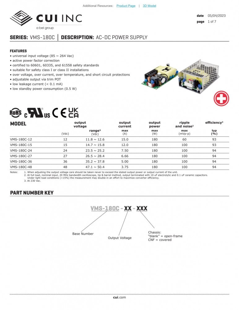 CUI VMS-180C series datasheet page 1