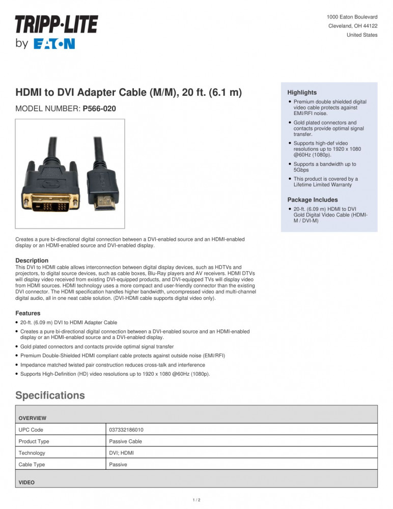 EATON P566-020 technical document page 1
