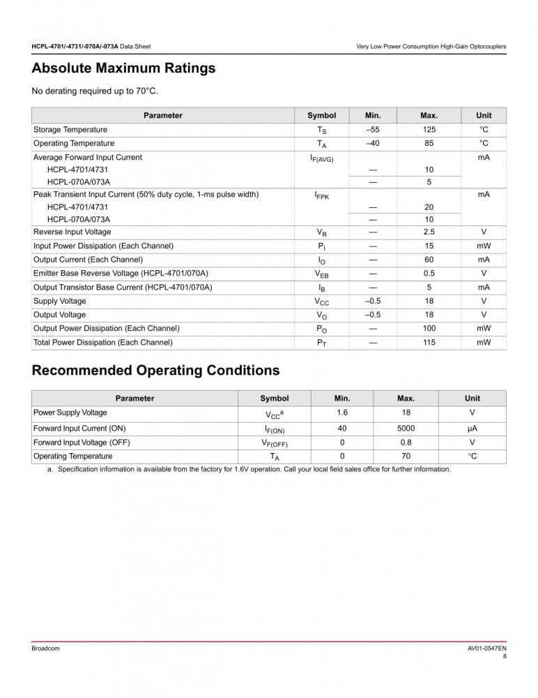 HCPL-4701 document page 8