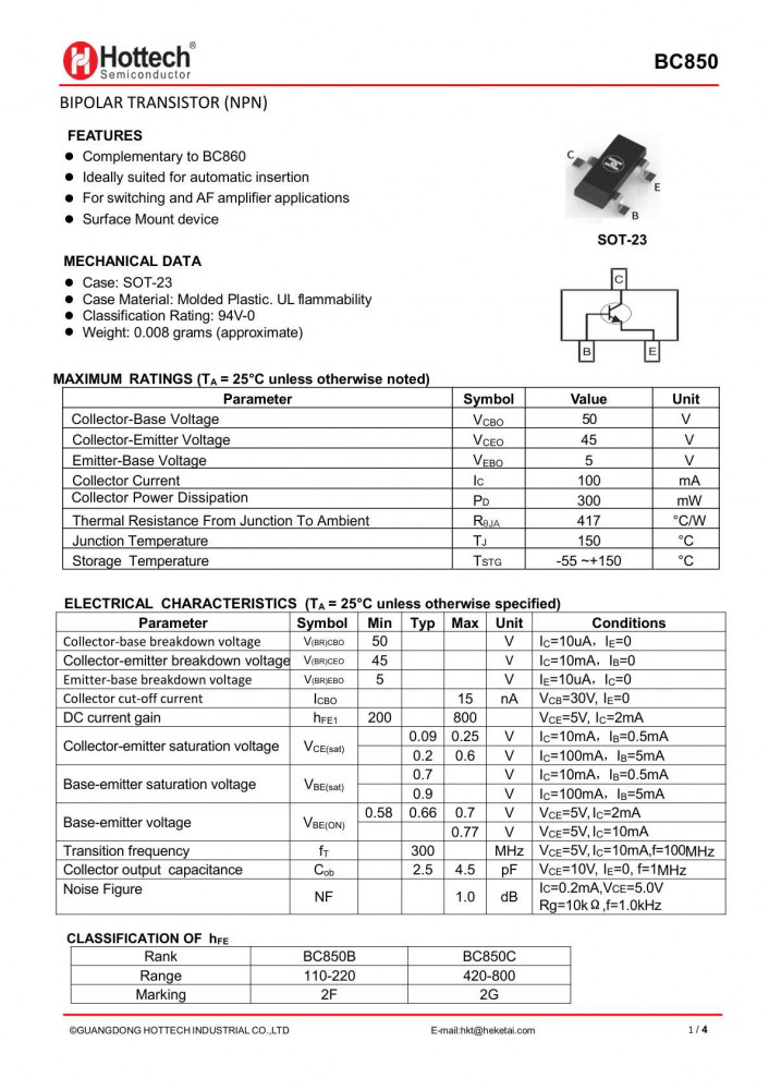BC850B datasheet page 1