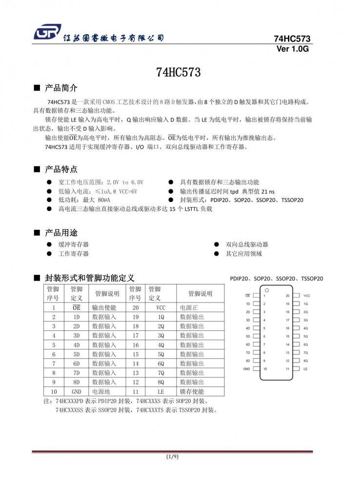 74HC573S datasheet page 1