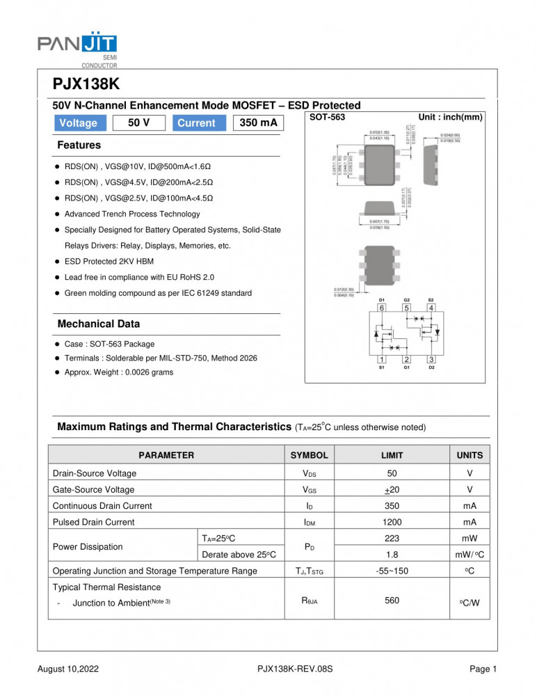 PJX138K datasheet page 1
