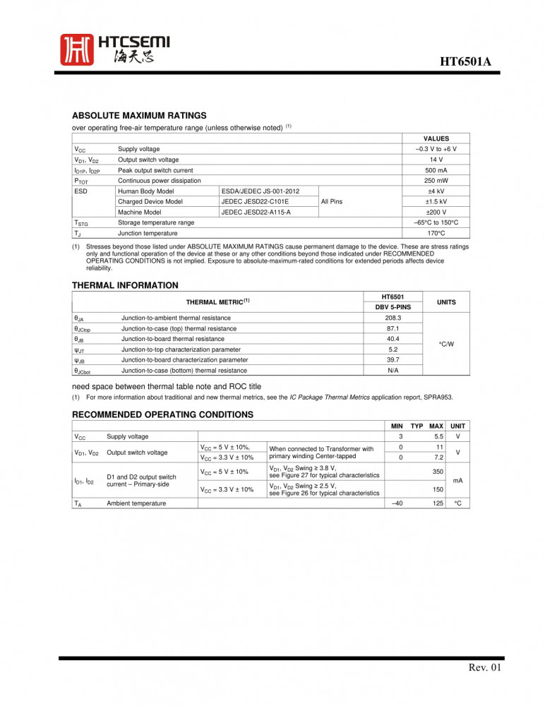HT6501ARTZ datasheet page 3