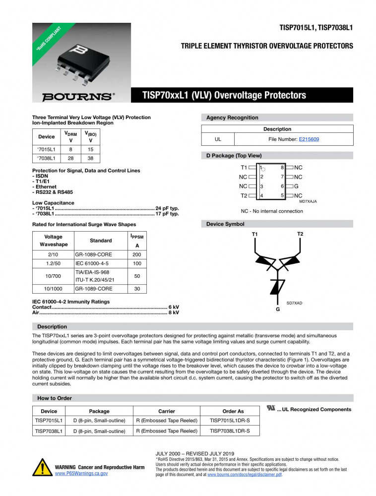 TISP7038L1DR-S datasheet page 1