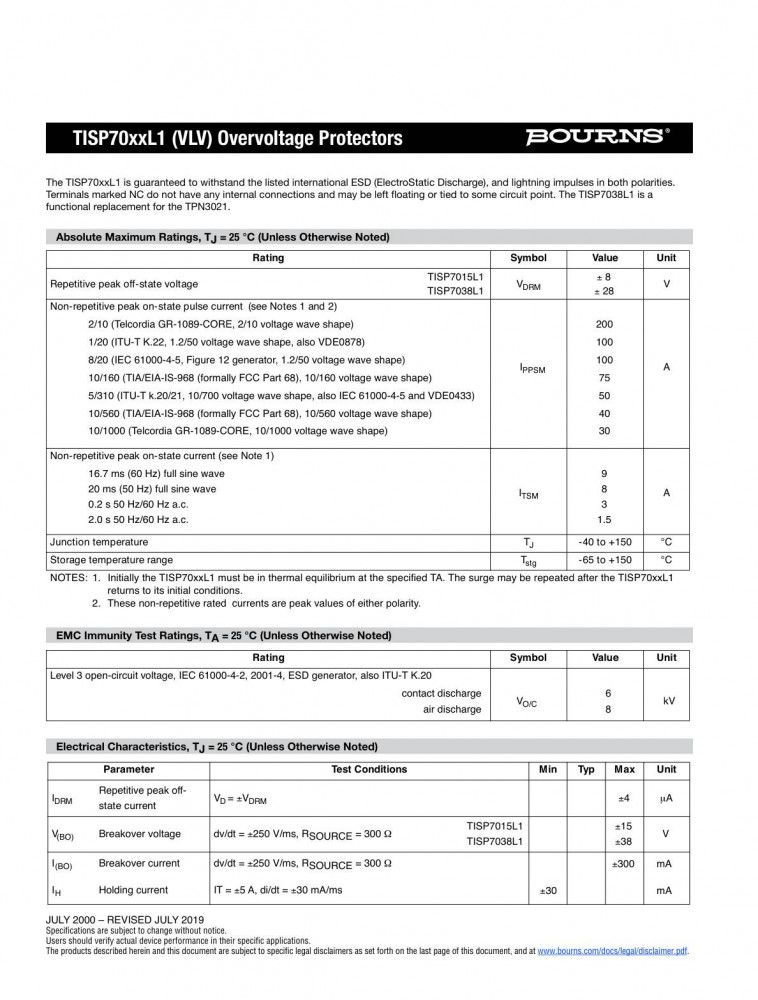 TISP7038L1DR-S datasheet page 2
